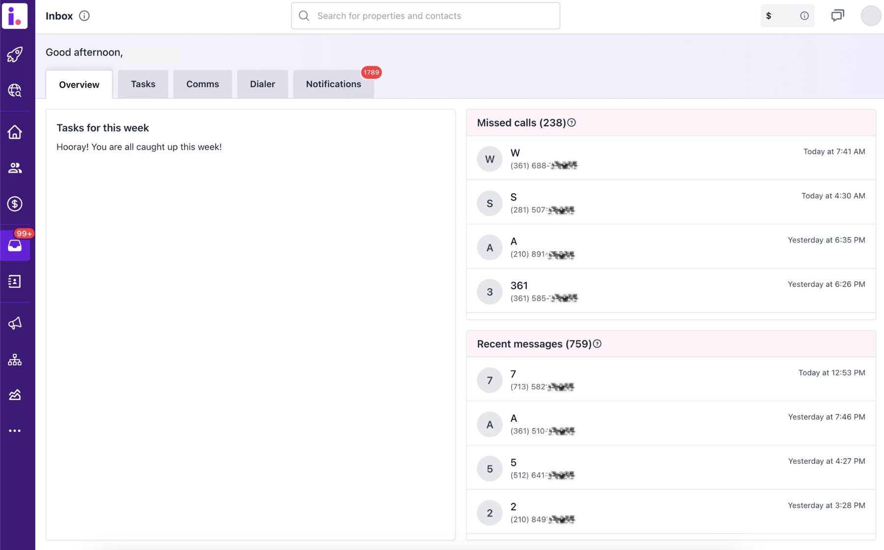Navigating your missed calls and recent messages in your inbox dashboard